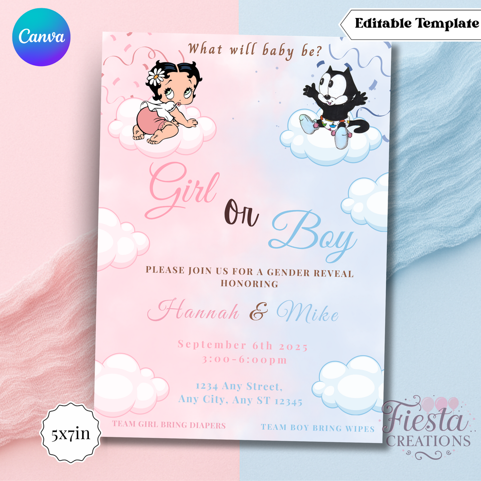 Betty or Felix Gender Reveal 5x7in Invitation Template (pink&blue ...