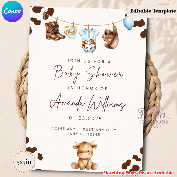 Cowboy Blue Baby Shower 5x7in Invitation Template | 5x7inEditable Temp ...